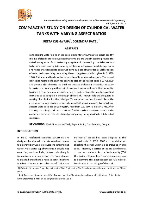 (PDF) Comparative Study on Design of Cylindrical Water Tanks with Varying Aspect Ratios
