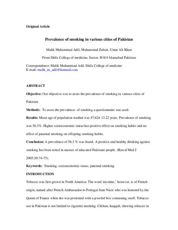(PDF) Prevalence of Smoking In Various Cities of Pakistan