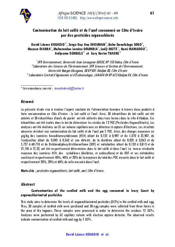 (PDF) Contamination du lait caillé et de l’œuf consommés en Côte d ...