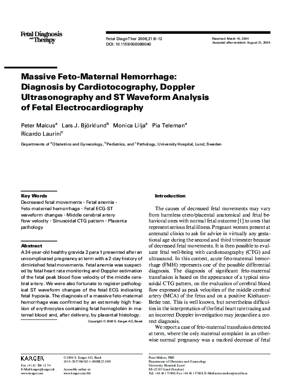 (PDF) Massive Feto-Maternal Hemorrhage: Diagnosis by Cardiotocography ...