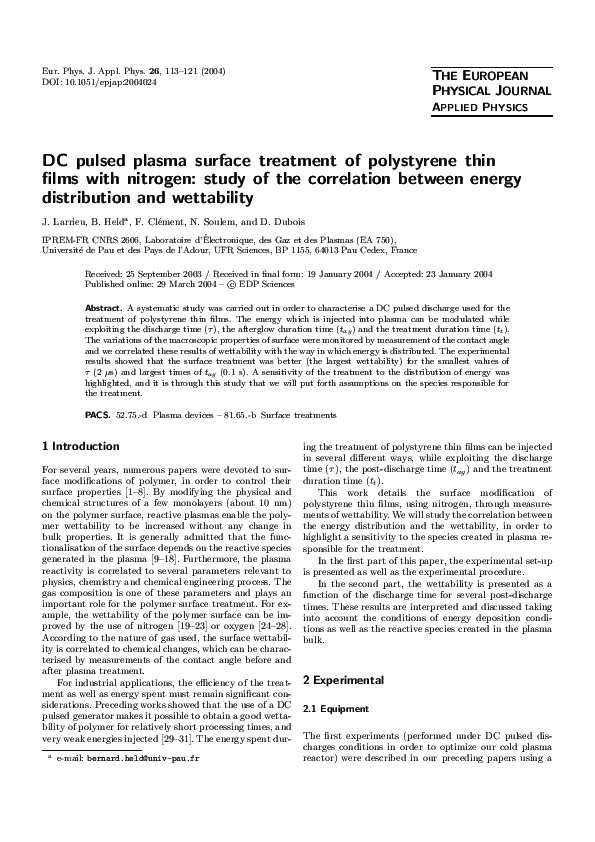 (PDF) DC pulsed plasma surface treatment of polystyrene thin films with ...