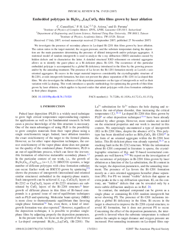 (PDF) Embedded polytypes inBi2Sr2−xLaxCuO6thin films grown by laser ...