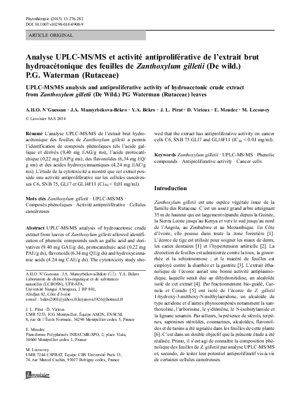 (PDF) Analyse UPLC-MS/MS et activité antiproliférative de l’extrait ...