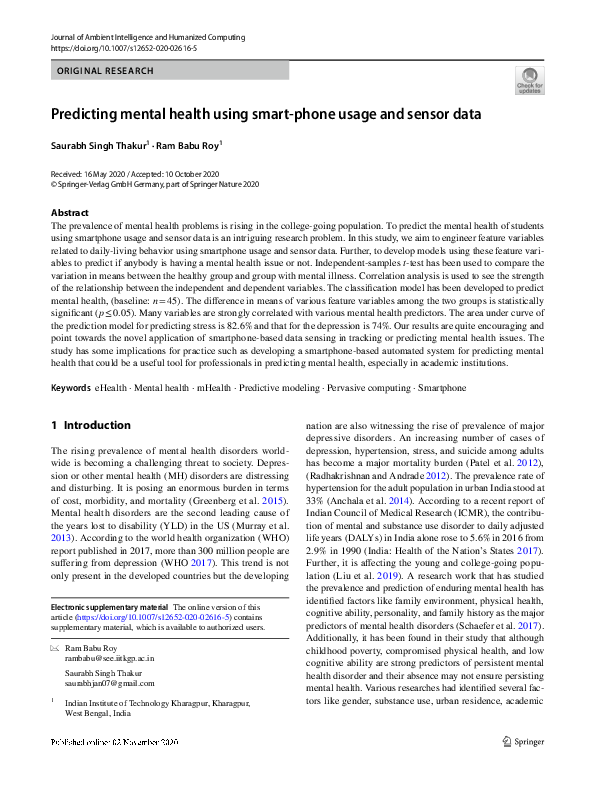 (PDF) Predicting mental health using smart-phone usage and sensor data