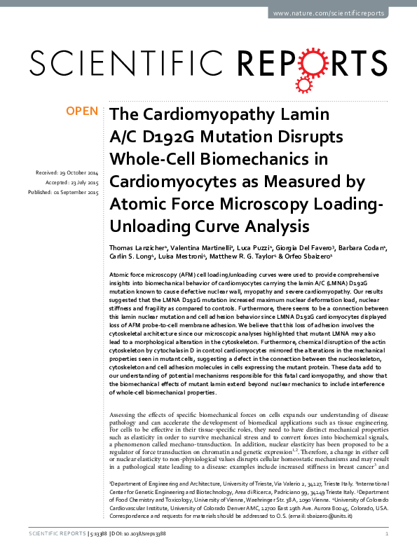 (PDF) The Cardiomyopathy Lamin A/C D192G Mutation Disrupts Whole-Cell ...
