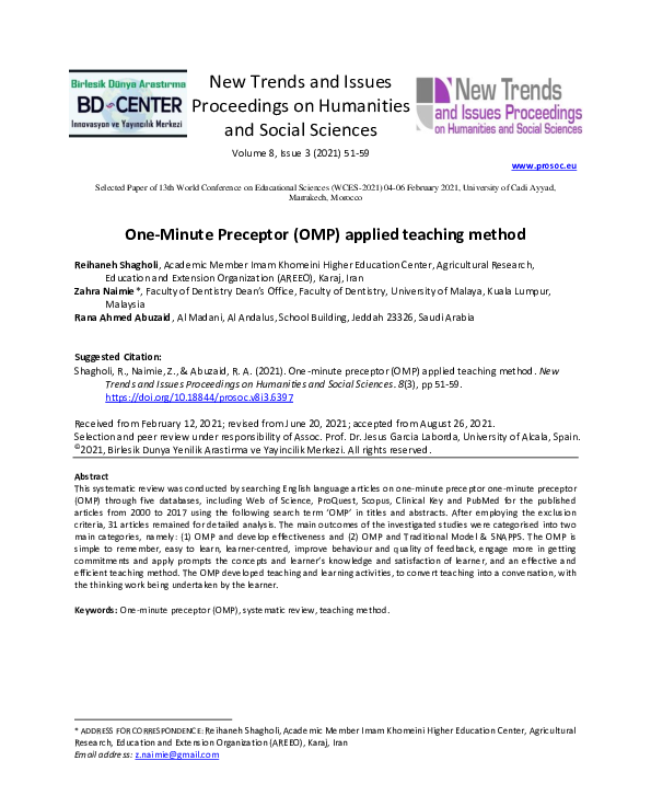 (PDF) One-Minute Preceptor (OMP) applied teaching method