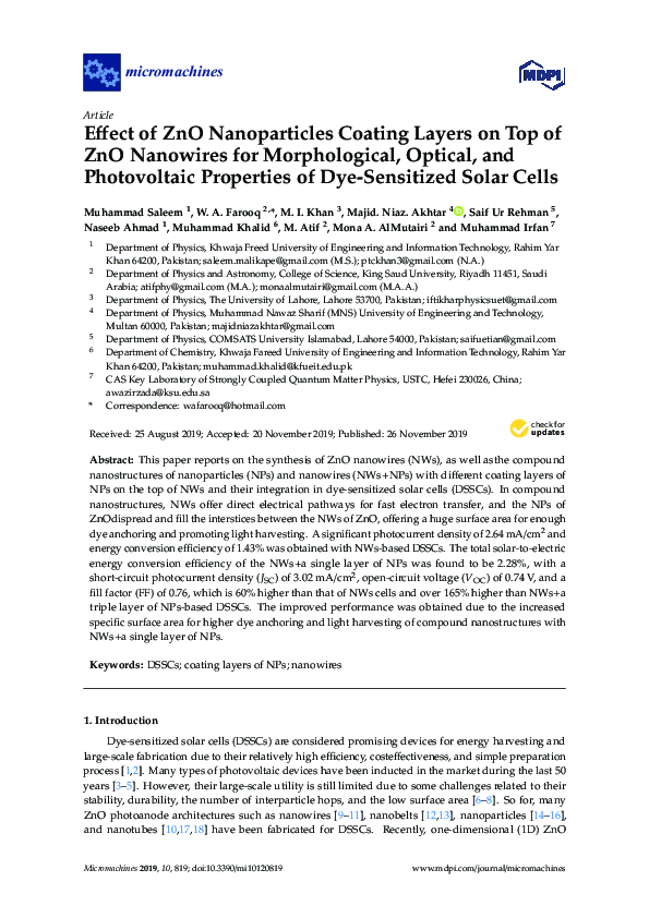 (PDF) Effect of ZnO Nanoparticles Coating Layers on Top of ZnO Nanowires for Morphological ...