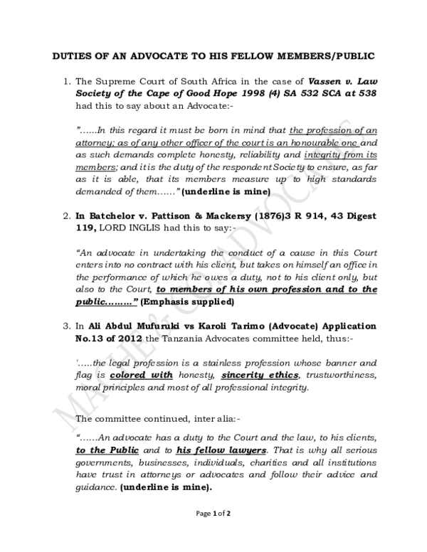 (PDF) Some cases law on duties of an Advocate