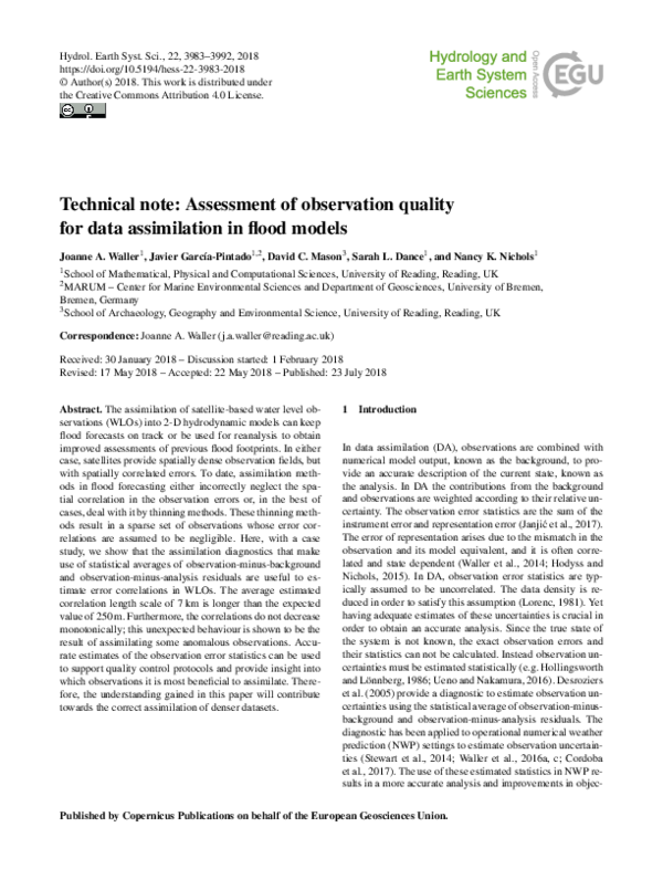 (PDF) Technical note: Assessment of observation quality for data assimilation in flood models