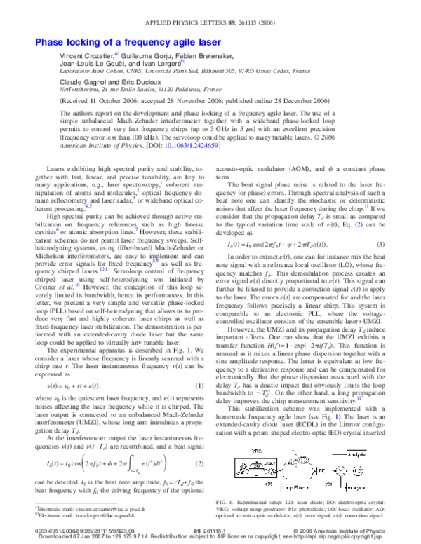 Pdf Phase Locking Of A Frequency Agile Laser