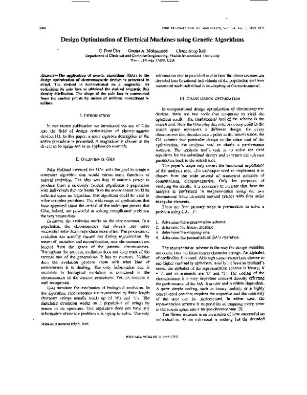 Pdf Design Optimization Of Electrical Machines Using Genetic Algorithms