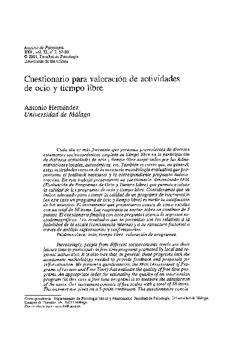 (PDF) Cuestionario para la valoración de actividades de ocio y tiempo libre