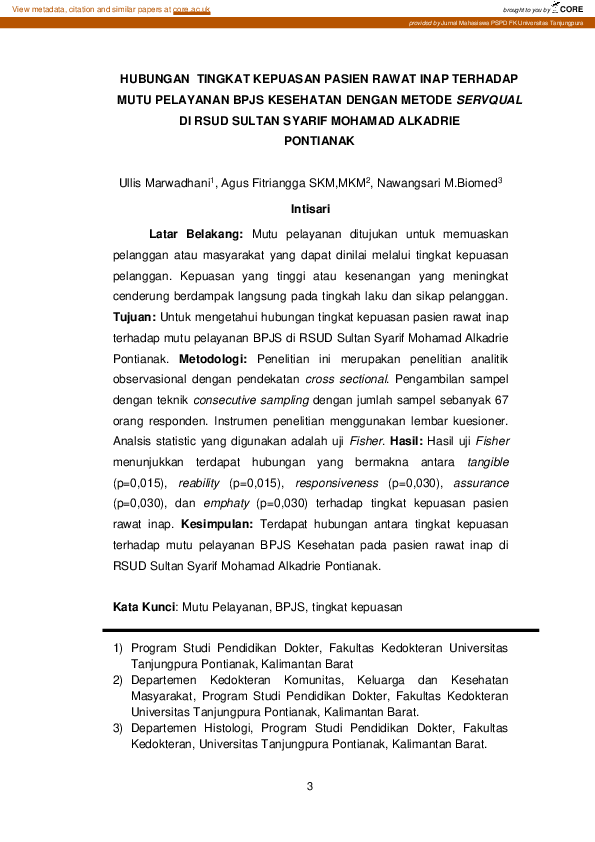 (PDF) Hubungan Tingkat Kepuasan Pasien Rawat Inap Terhadap Mutu Pelayanan BPJS Kesehatan Dengan ...