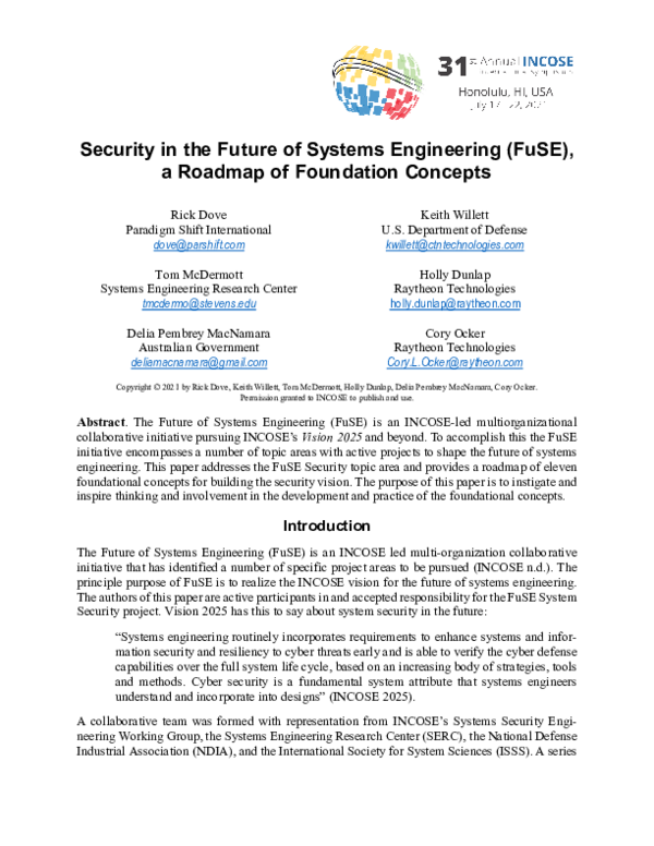 (PDF) Security in the Future of Systems Engineering (FuSE), a Roadmap of Foundation Concepts ...