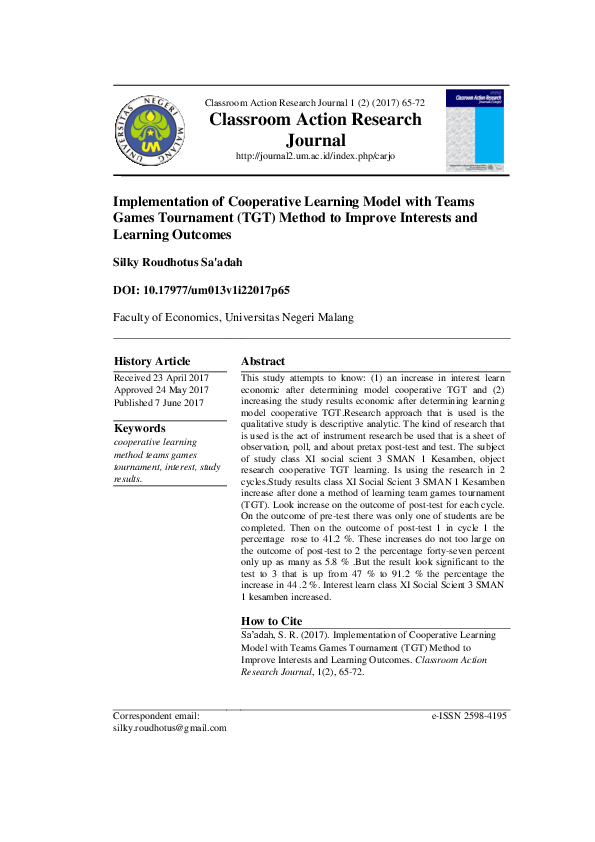 (PDF) Implementation of Cooperative Learning Model with Teams Games Tournament (TGT) Method to ...