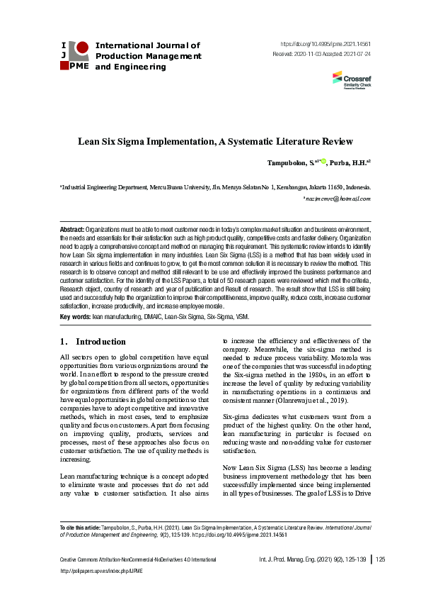 (PDF) Lean six sigma implementation, a systematic literature review