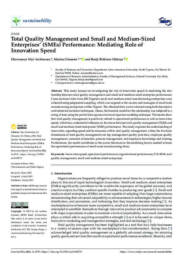 (PDF) Total Quality Management and Small and Medium-Sized Enterprises’ (SMEs) Performance ...
