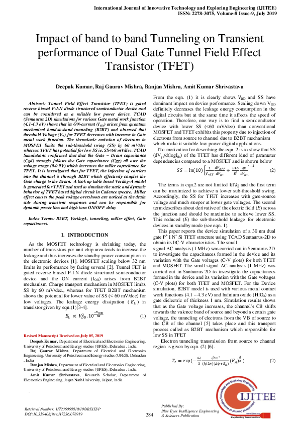 (PDF) Impact of band to band Tunneling on Transient performance of Dual Gate Tunnel Field Effect ...