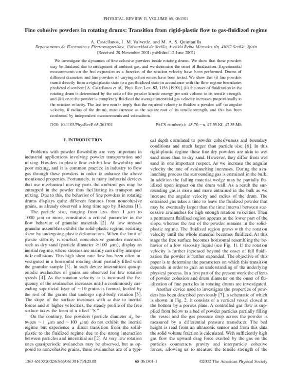 (PDF) Fine cohesive powders in rotating drums: Transition from rigid-plastic flow to gas ...