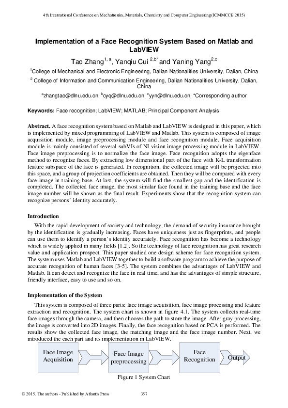 Pdf Implementation Of A Face Recognition System Based On Matlab And Labview