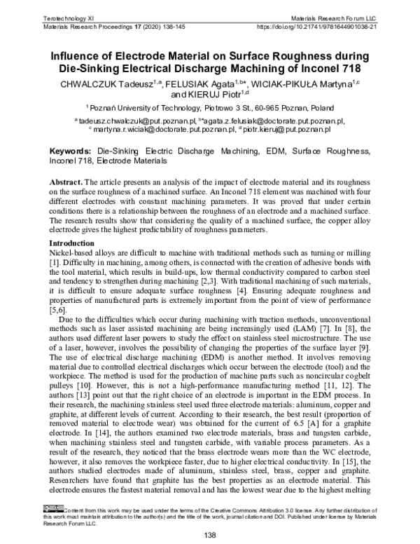 (PDF) Influence of Electrode Material on Surface Roughness during Die-Sinking Electrical ...