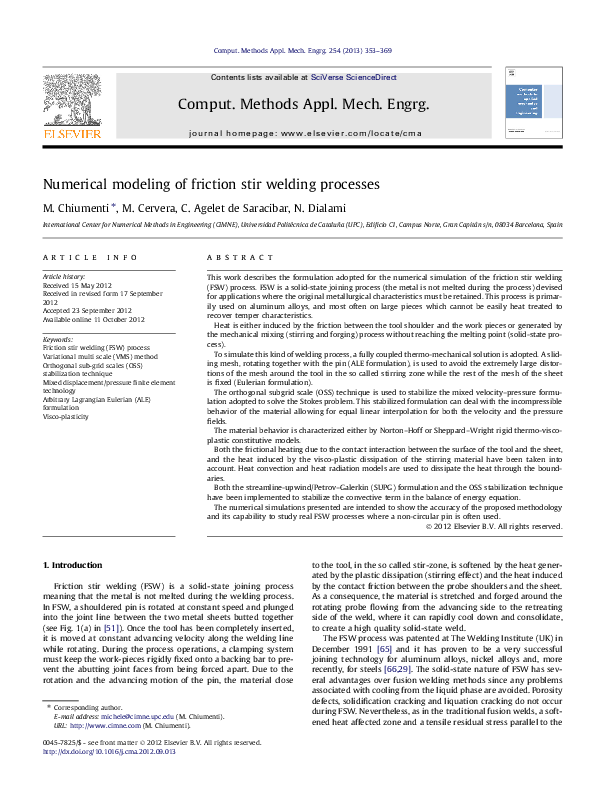 (PDF) Numerical modeling of friction stir welding processes | Carlos Agelet de Saracibar ...