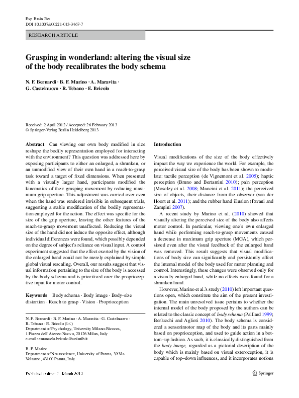 (PDF) Grasping in wonderland: altering the visual size of the body ...
