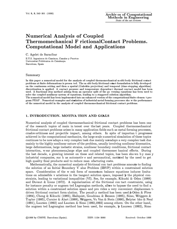(PDF) Numerical analysis of coupled thermomechanical frictional contact problems. Computational ...