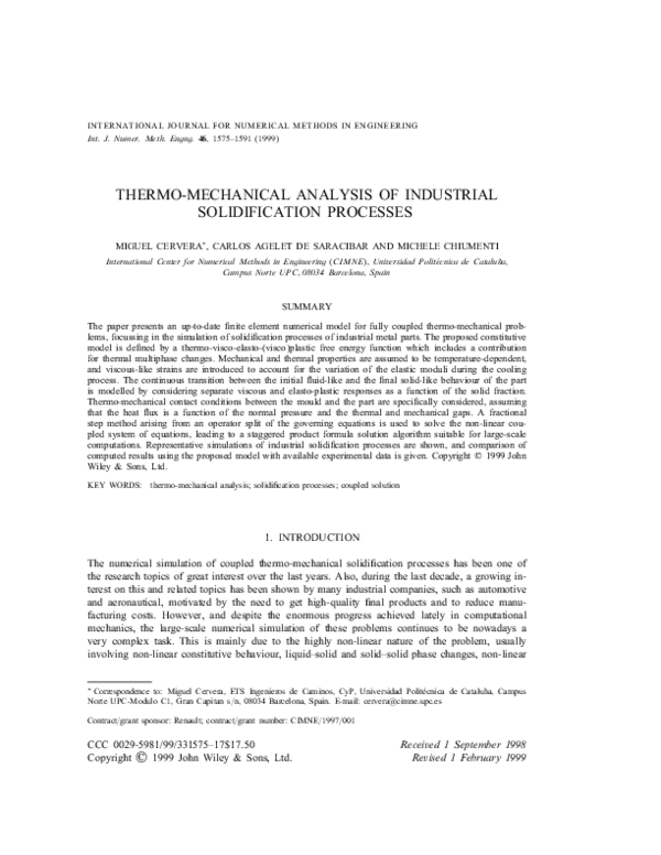 (PDF) Thermo-mechanical analysis of industrial solidification processes