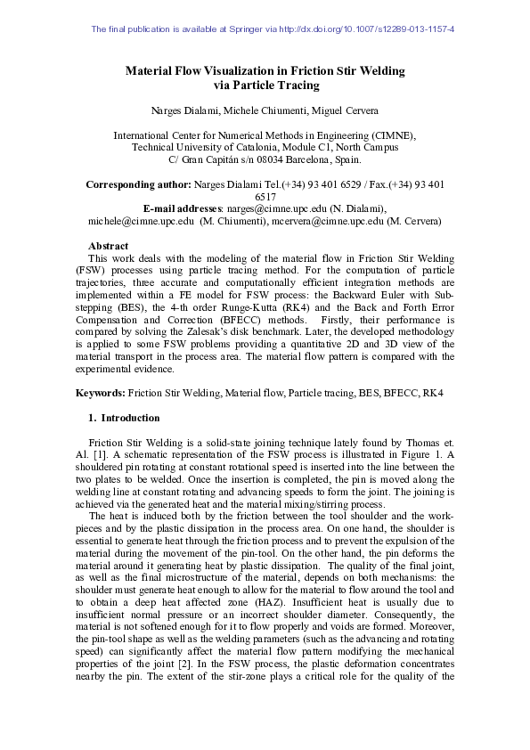 (PDF) Material flow visualization in Friction Stir Welding via particle ...