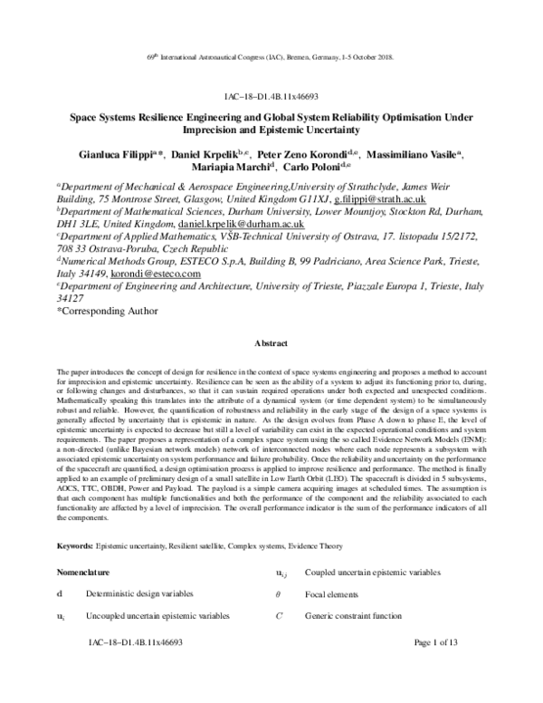 (PDF) Space systems resilience engineering and global system reliability optimisation under ...