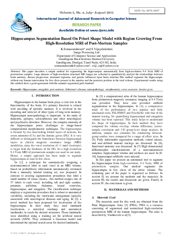(PDF) Hippocampus Segmentation Based On Priori Shape Model with Region ...