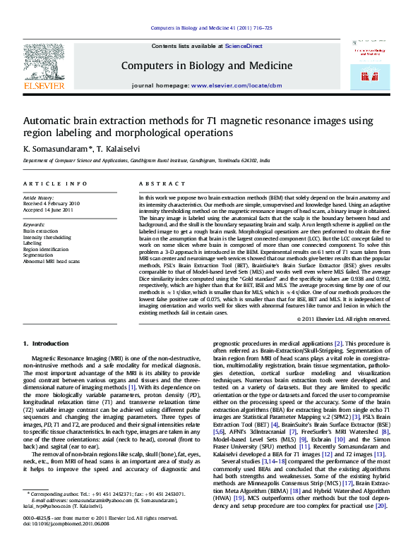 Pdf Automatic Brain Extraction Methods For T1 Magnetic Resonance Images Using Region Labeling