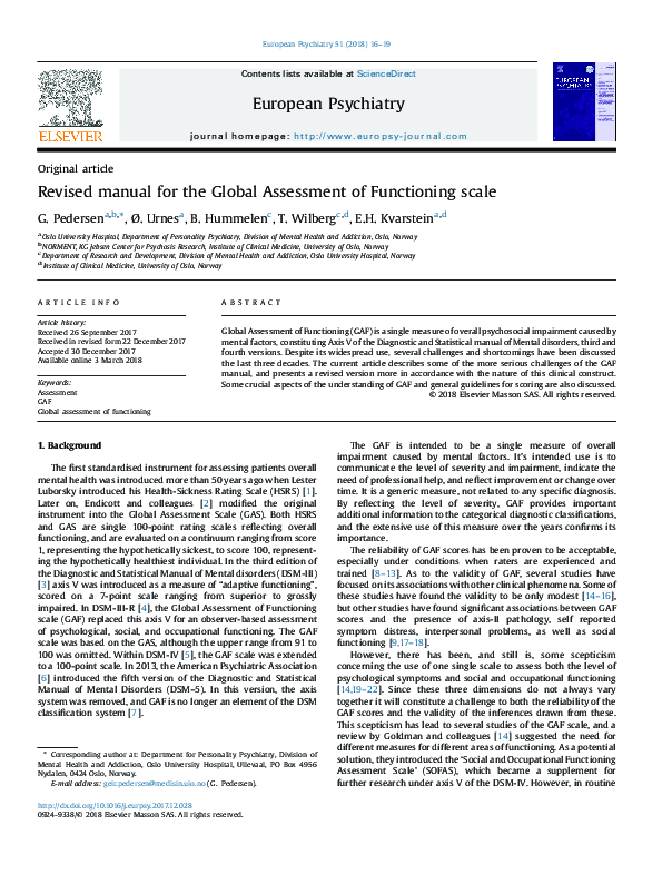 (PDF) Revised manual for the Global Assessment of Functioning scale