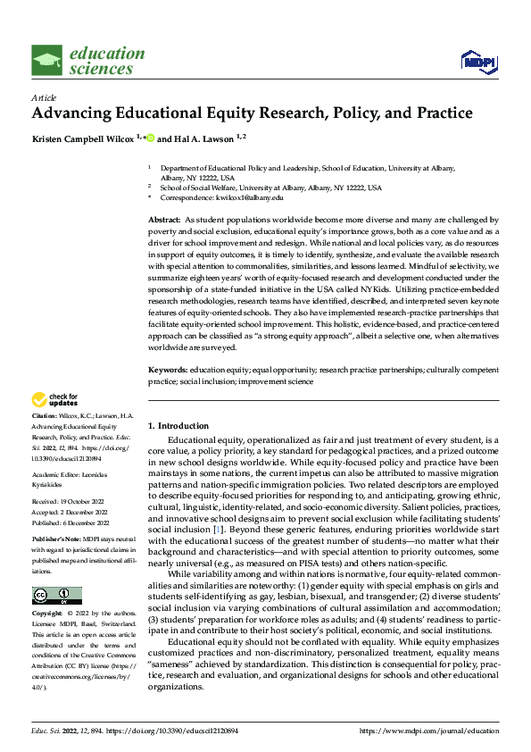 (PDF) Advancing Educational Equity Research, Policy, and Practice
