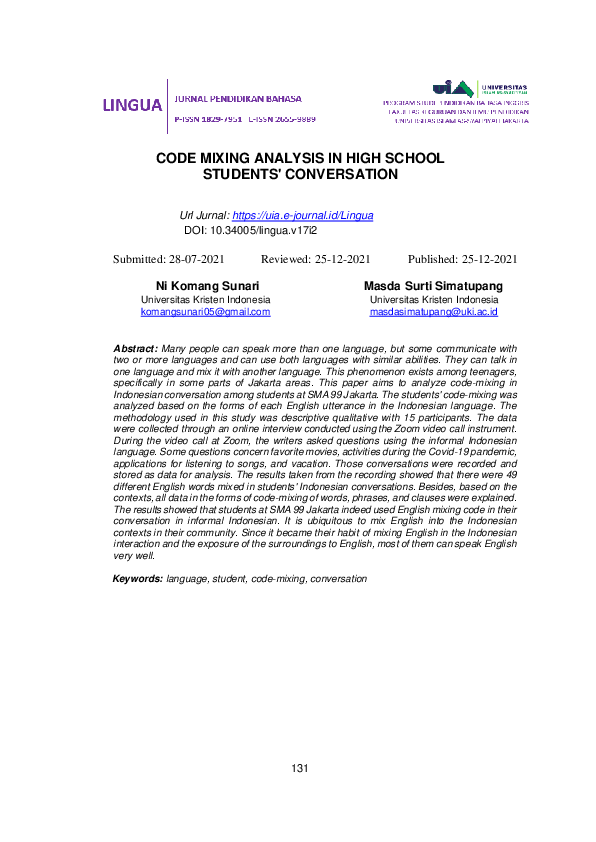 (PDF) Code Mixing Analysis in High School Students’ Conversation