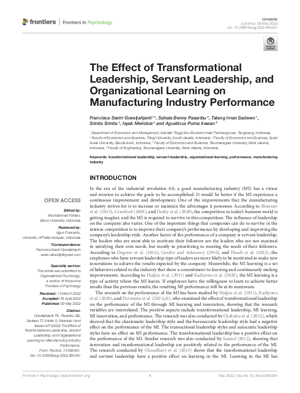 (PDF) The Effect of Transformational Leadership, Servant Leadership, and Organizational Learning ...