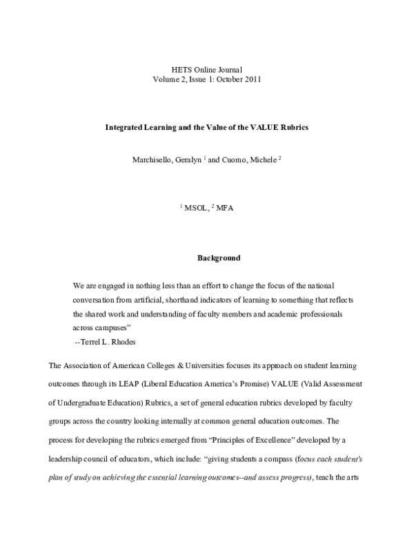 (PDF) Integrated Learning and the Value of the VALUE Rubrics | Geralyn ...