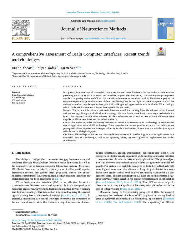 (PDF) A comprehensive assessment of Brain Computer Interfaces: Recent trends and challenges