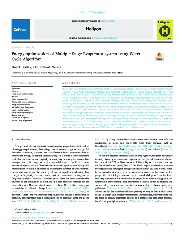 Pdf Energy Optimization Of Multiple Stage Evaporator System Using Water Cycle Algorithm