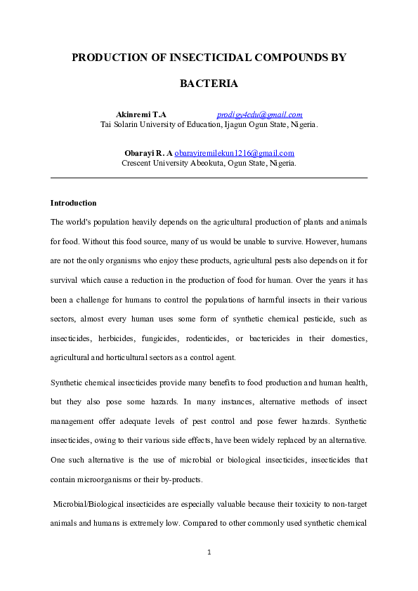 (DOC) PRODUCTION OF INSECTICIDAL COMPOUNDS BY