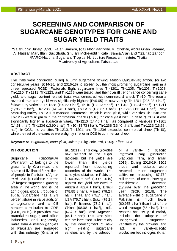 (PDF) Screening and Comparison of Sugarcane Genotypes for Cane and Sugar Yield Traits