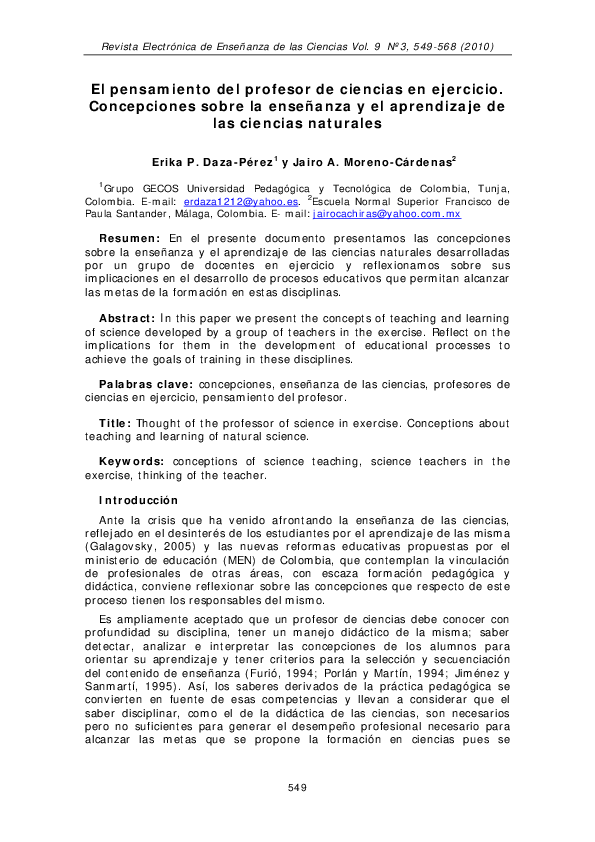 Pdf El Pensamiento Del Profesor De Ciencias En Ejercicio