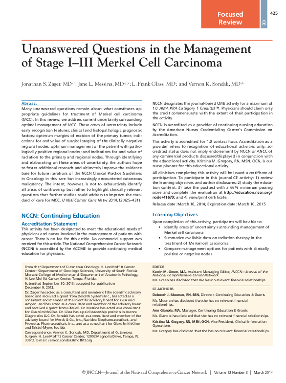 (PDF) Unanswered Questions in the Management of Stage I-III Merkel Cell ...