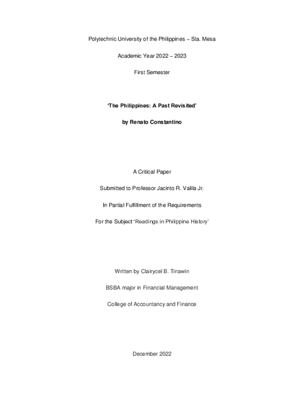 (PDF) A Critical Paper on 'The Philippines: A Past Revisited'
