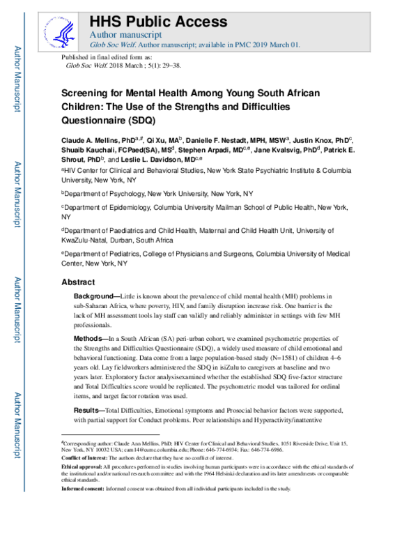 (PDF) Screening for Mental Health Among Young South African Children ...