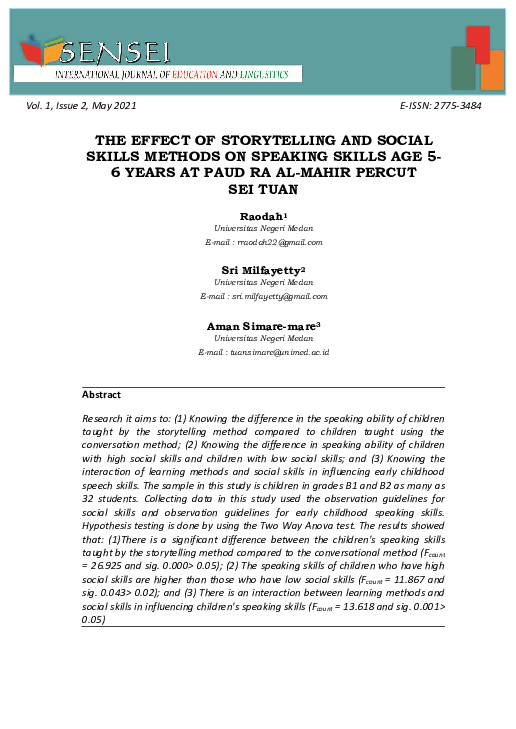 (PDF) The Effect of Storytelling and Social Skills Methods on Speaking Skills Age 5-6 Years at ...