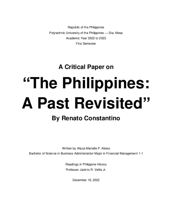 (PDF) ACT 1: Critic Paper on "The Philippines: A Past Revisited" by Renato Constantino
