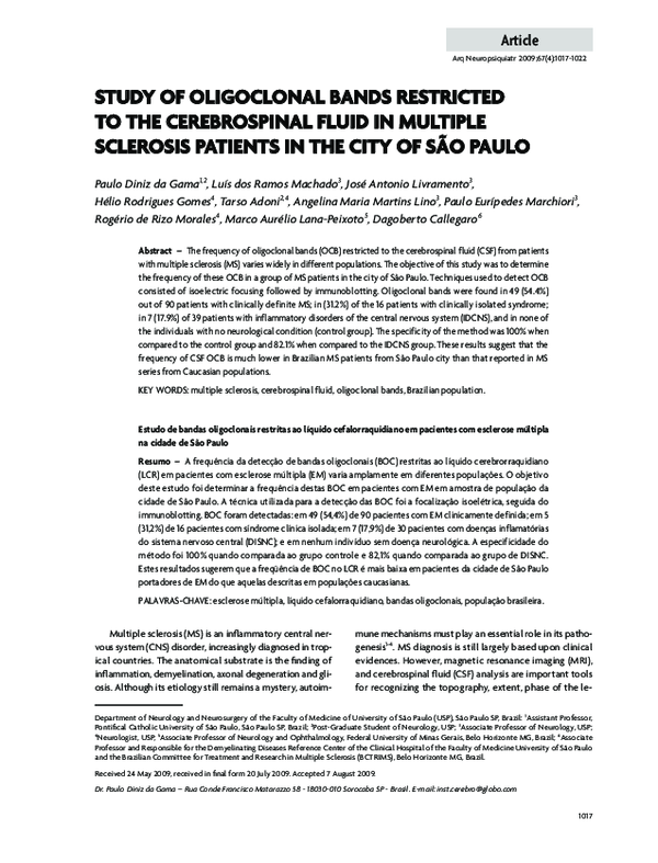 (PDF) Study of oligoclonal bands restricted to the cerebrospinal fluid in multiple sclerosis ...