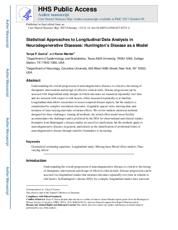 (PDF) Statistical Approaches to Longitudinal Data Analysis in Neurodegenerative Diseases ...